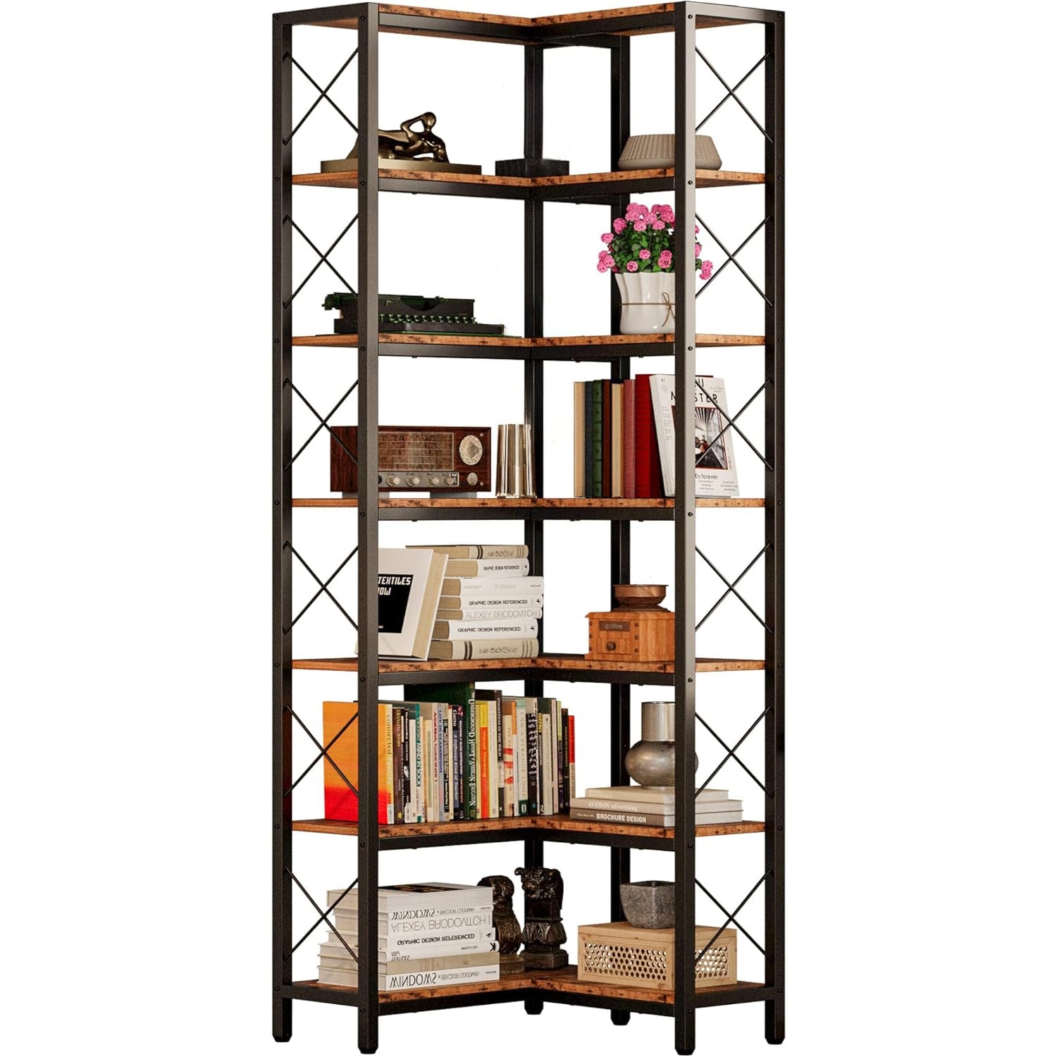 7-Tier Industrial Corner Bookshelf, Corner Shelf, Tall Storage Display ...