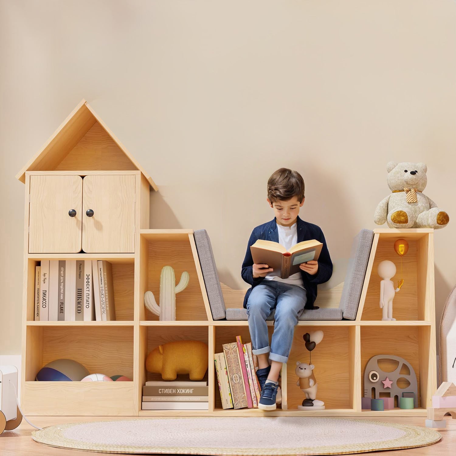 Wooden Kids Bookshelf Bookcase with Detachable Cushions, Reading Nook ...