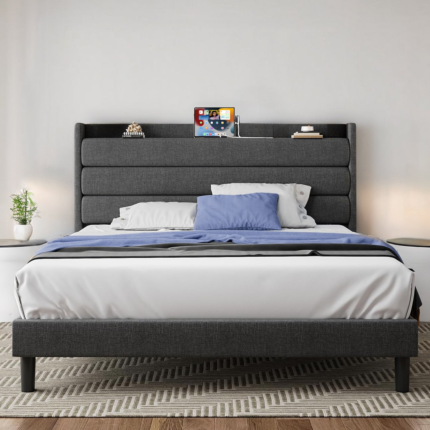 Upholstered Twin XL Bed Frame with Storage Headboard and Power Outlets ...
