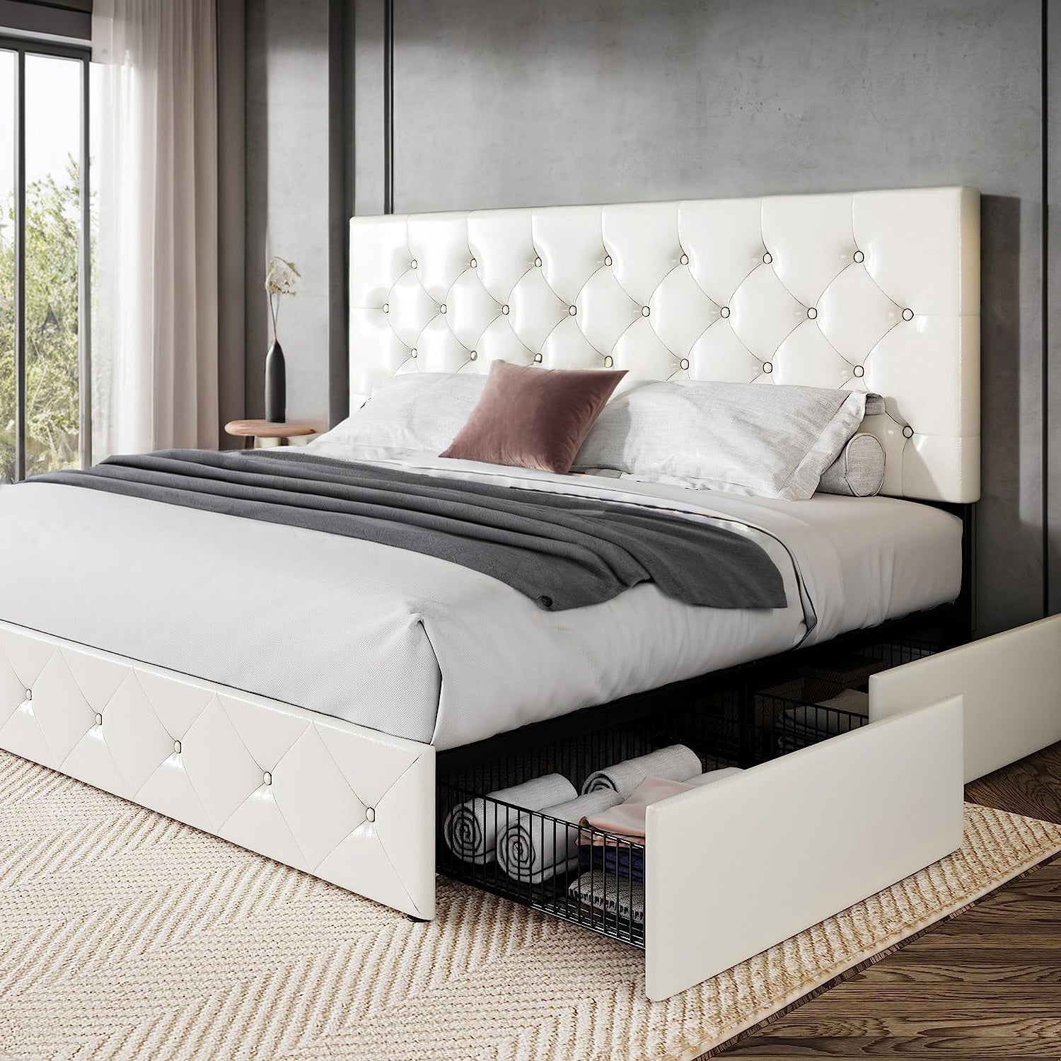 Faux Leather Upholstered Bed Frame with 4 Drawers Storage and Button H ...