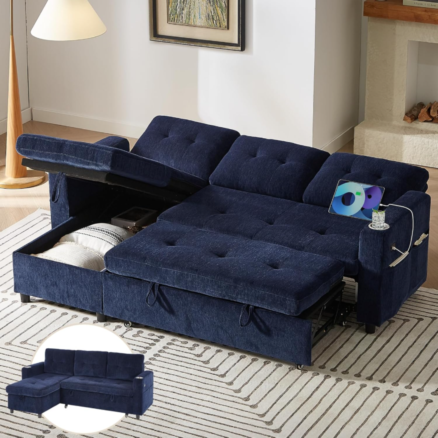 L Shaped Sofa Bed Sleeper Sofa, 3 in 1 Pull Out Couch Bed with Storage ...