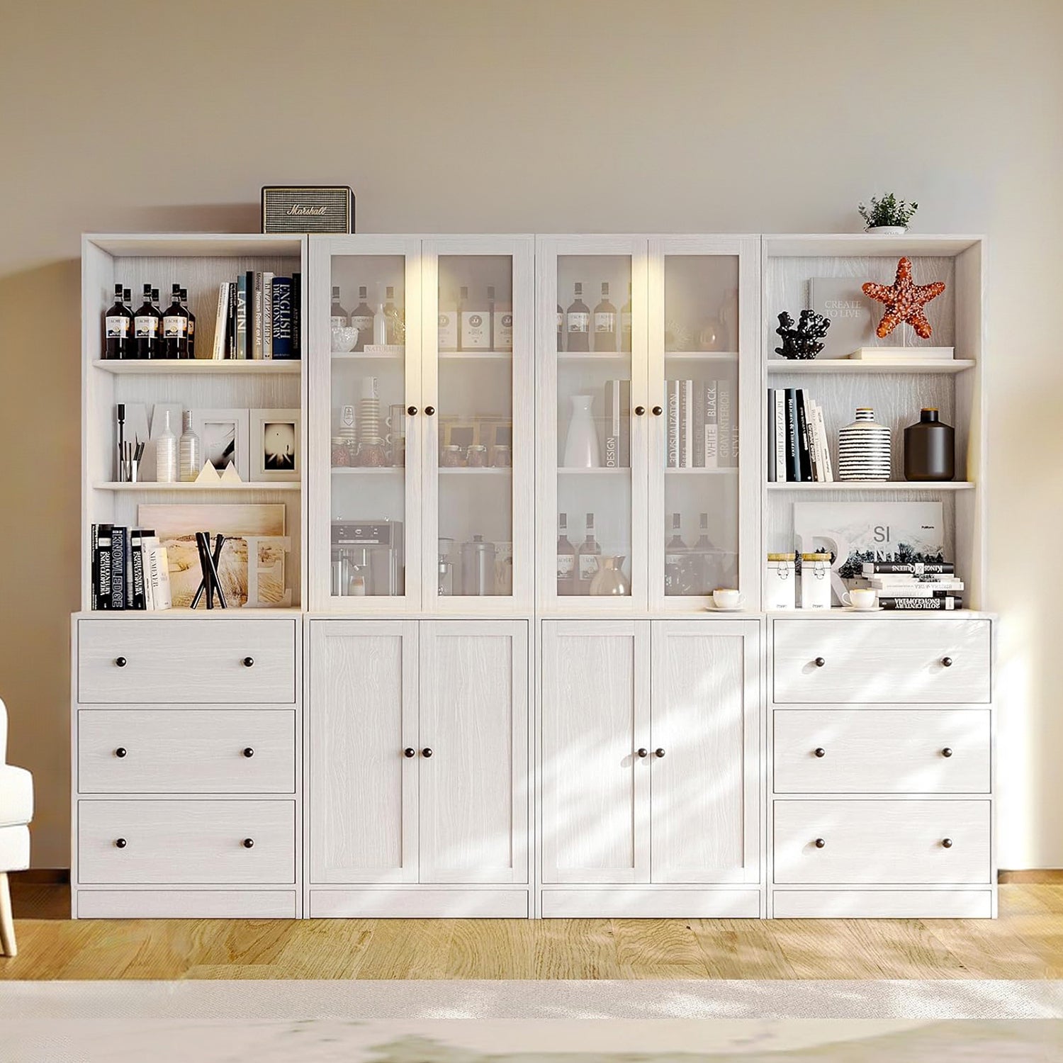 Combination Bookcase 4-Piece Set, 2pcs 71-inch Bookcase with Drawers S ...