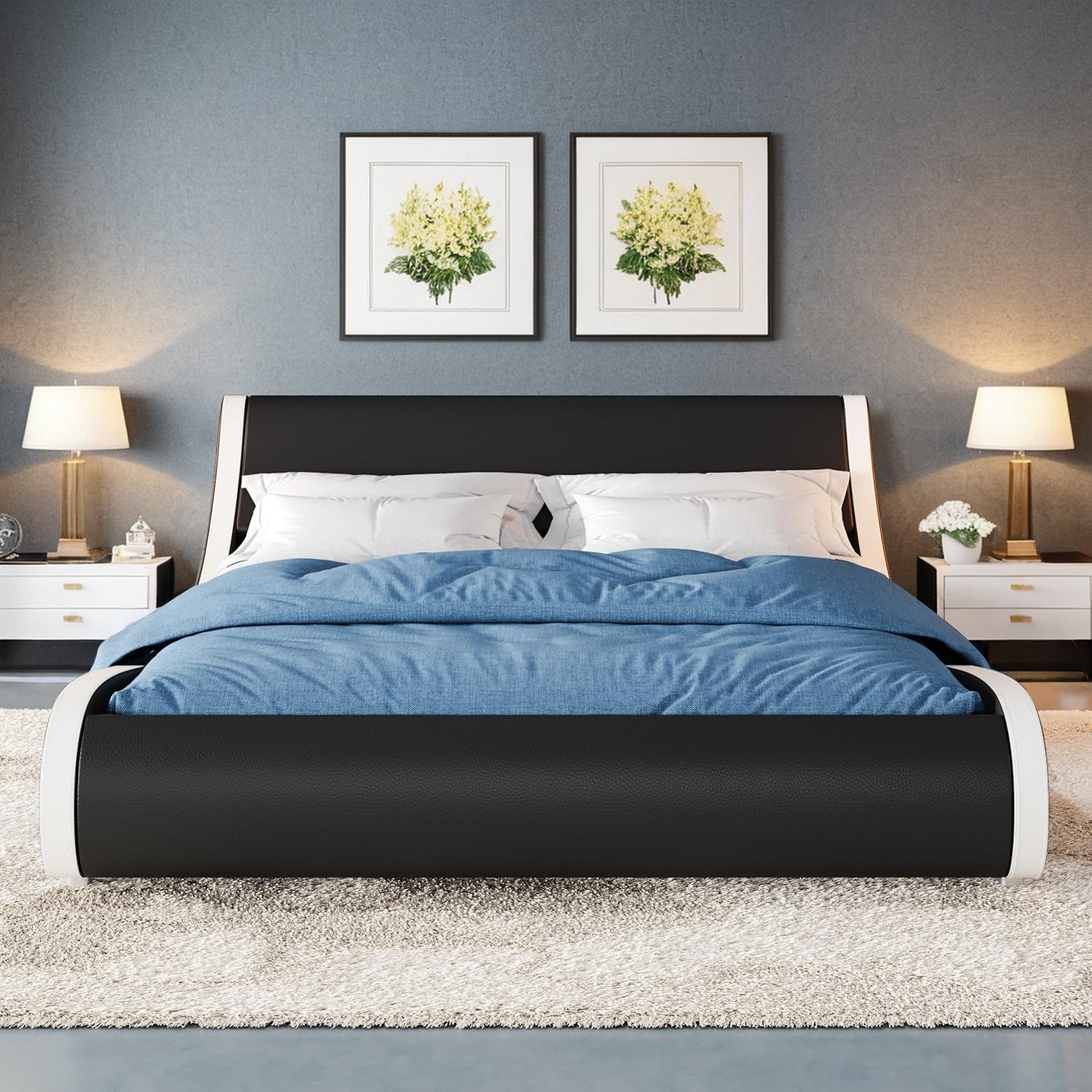 Upholstered Platform Bed Frame Modern Low Profile Sleigh Bed with Faux ...