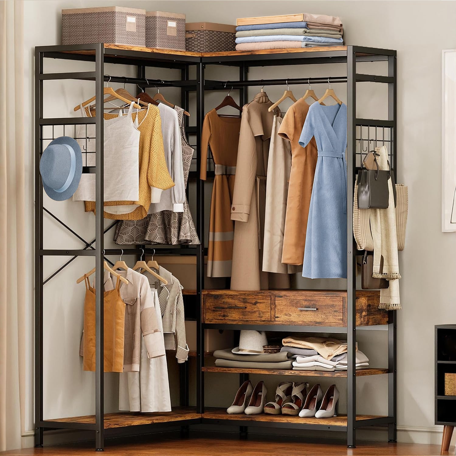 L Shaped Clothes Rack Closet Organizer and Storage Shelves with 2 Ways ...