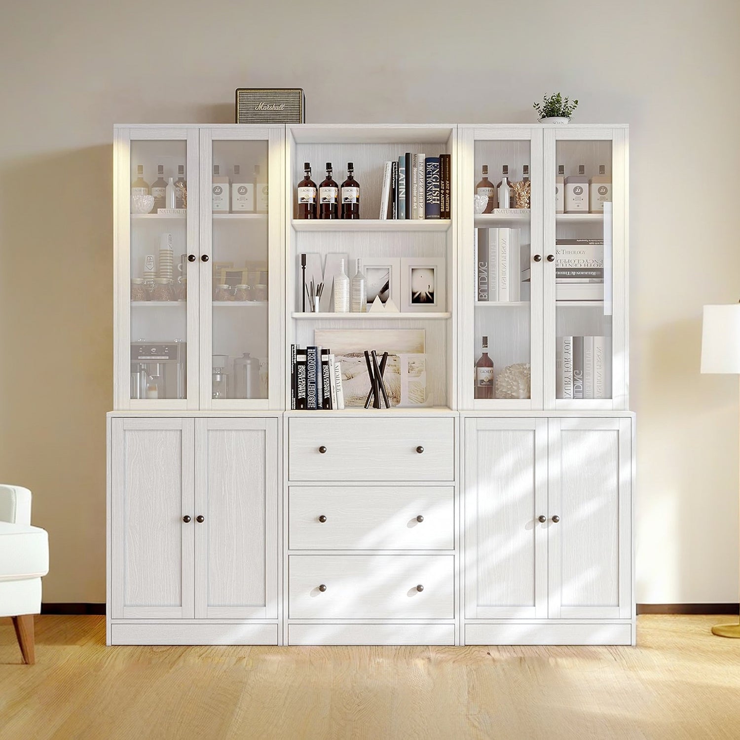 Combination Bookcase 3-Piece Set, 71-inch Bookcase with Drawer Shelves ...