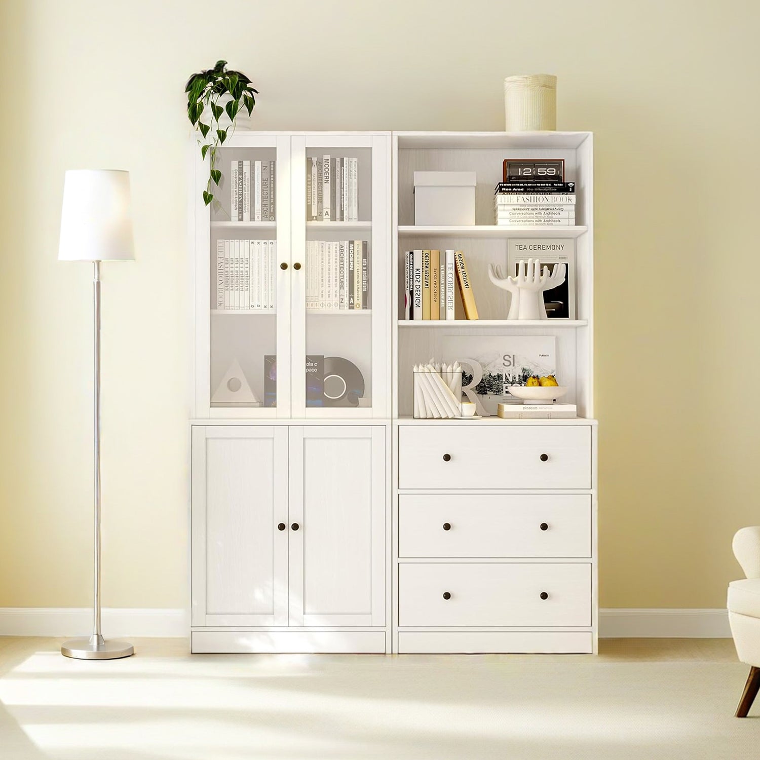 Combination Bookcase 2-Piece Set, 71-inch Bookcase with Drawers Shelve ...