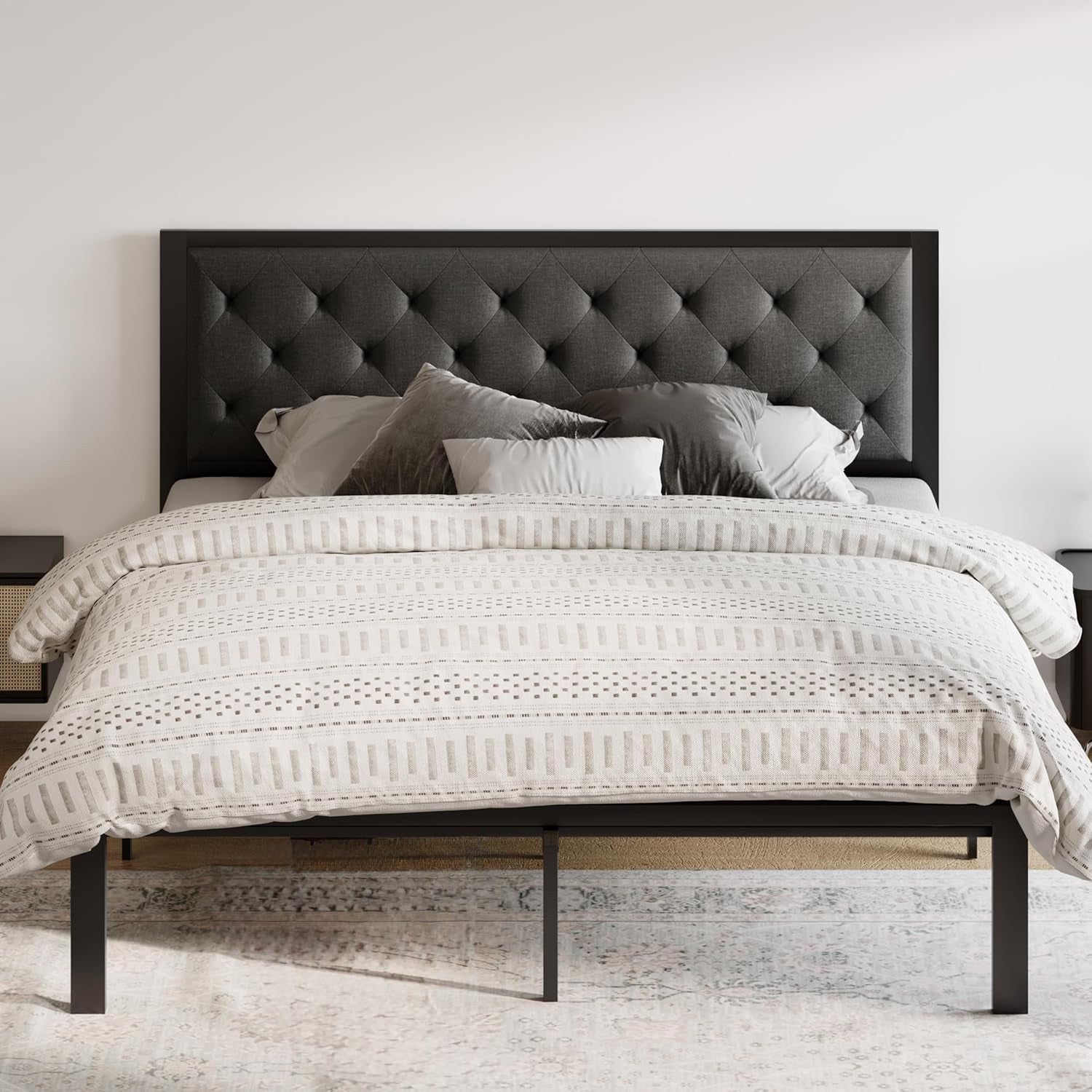 Upholstered Headboard Bed Frame, Chic Diamond Seam Tufting Design, No ...