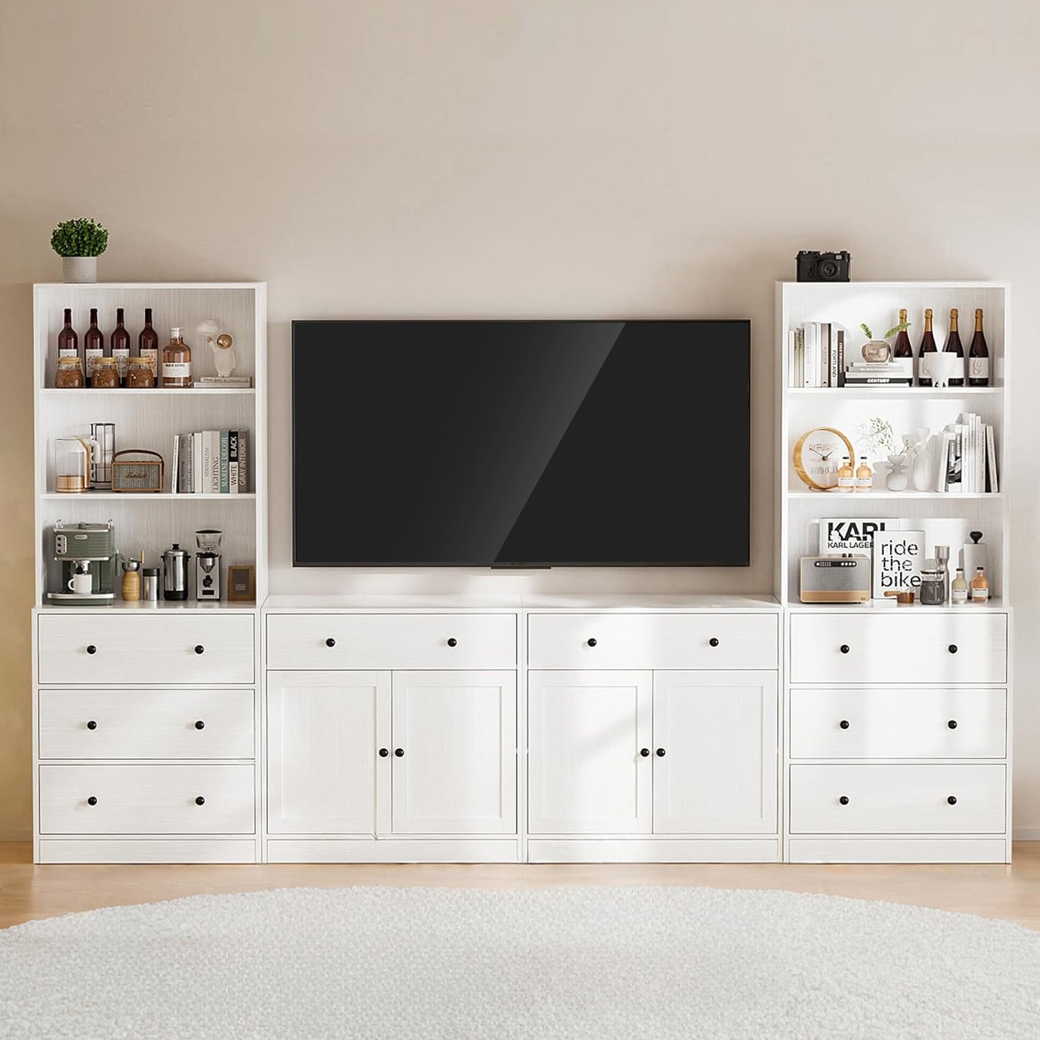 Combination TV Stand with Bookshelves 4-piece Set for TVs up to 75 inc ...