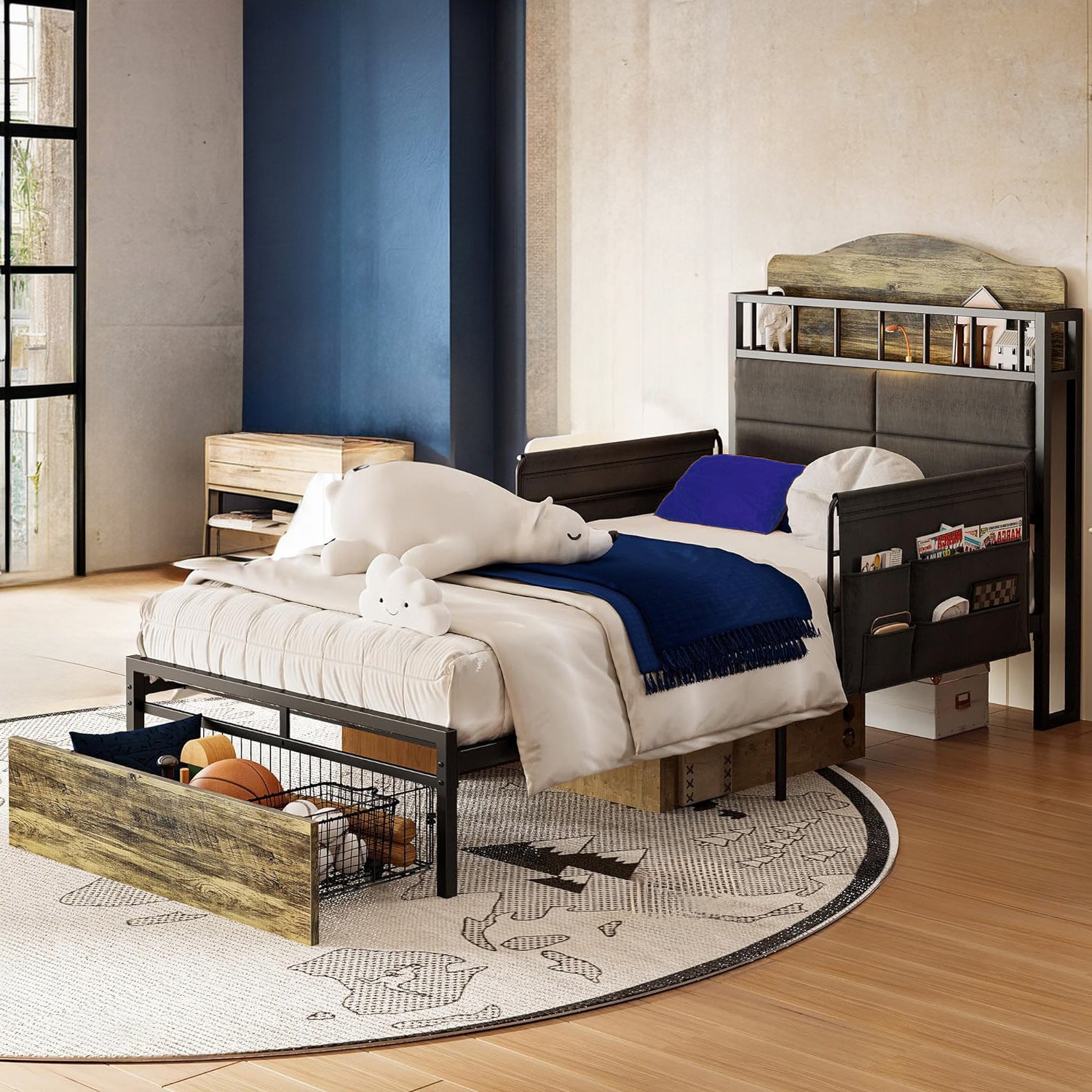 Twin Platform Bed Frame with Drawers, Bed Frame with Guardrails and Ch ...