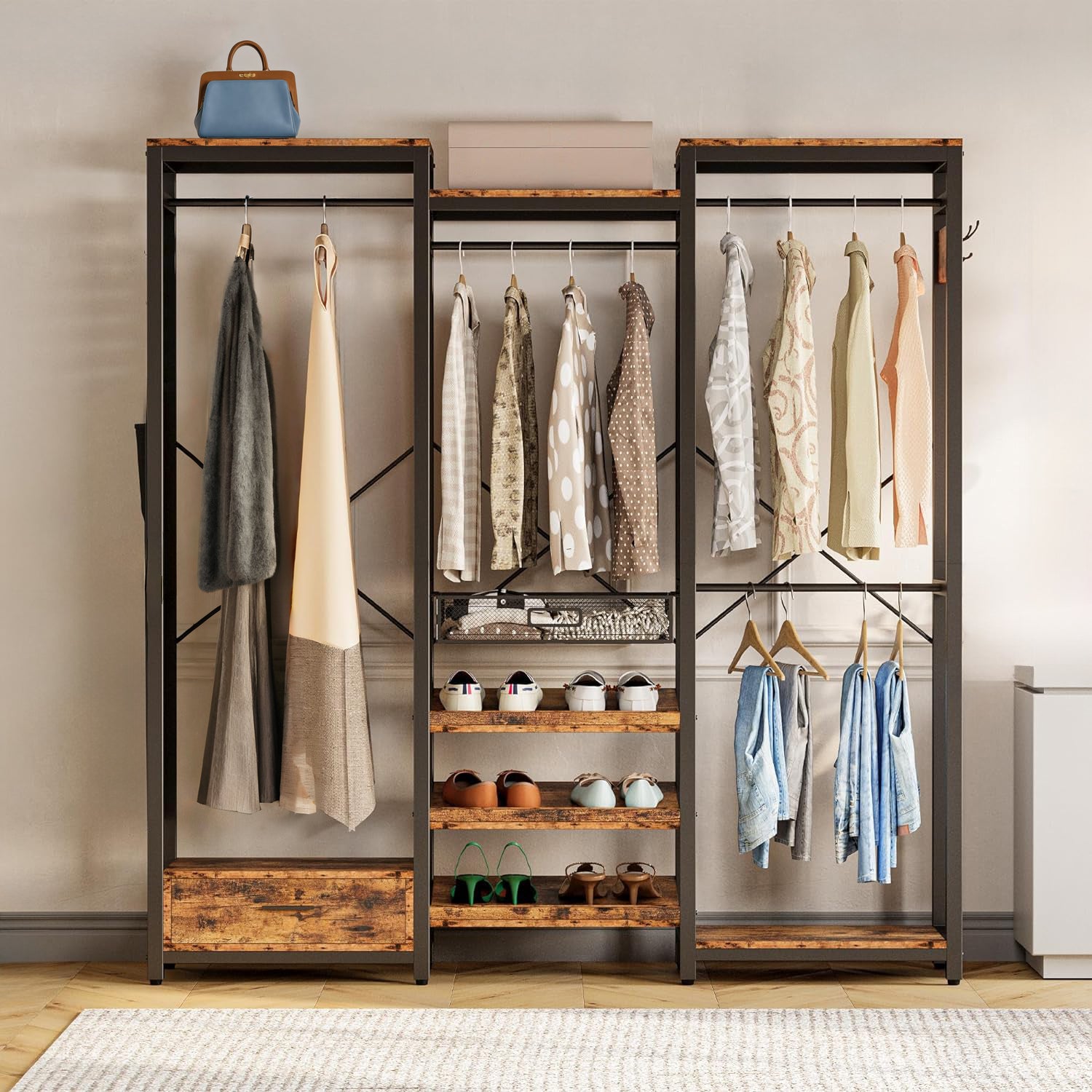 Clothes Rack Garment Rack with Hanging Rods, Shelves, and Storage Draw ...