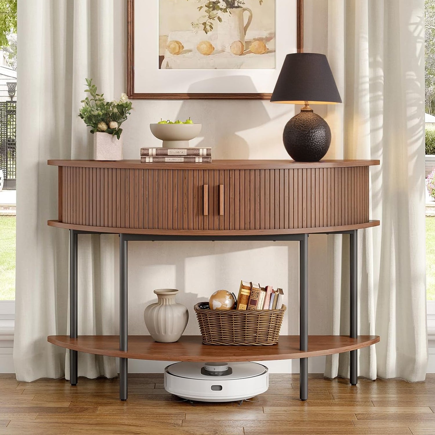Fluted Console Table, 2-Tier Entry Table with Storage, 46 Inch Half Mo ...