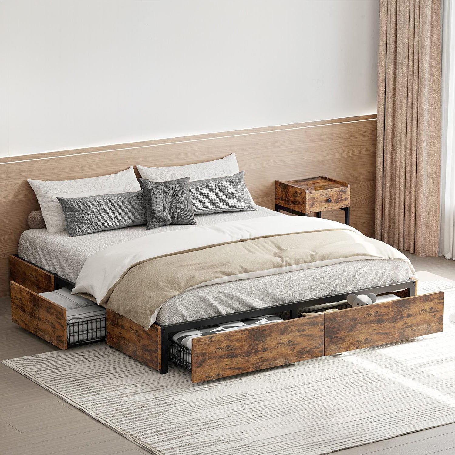 Bed Frame with 4 Drawers, Queen and King Size Headboardless Bed Frame ...