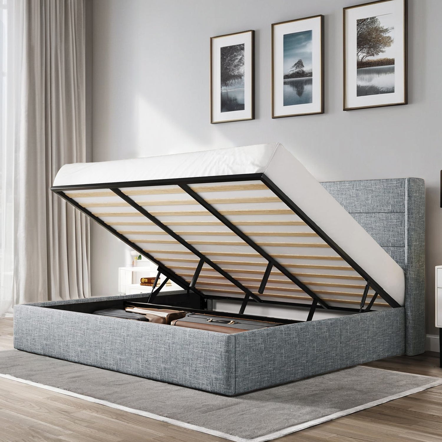 Lift Up Storage Bed Frame Hydraulic Storage with Modern Wingback Headb ...