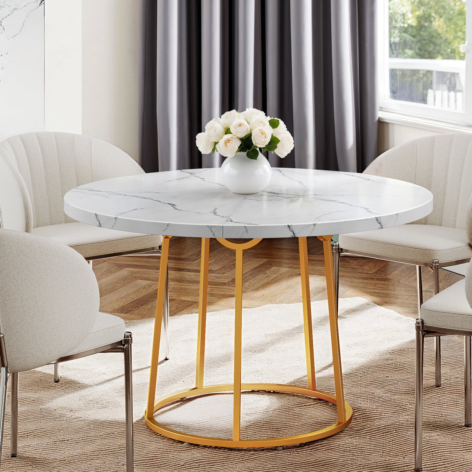 Round Dining Table Wooden 47 Inch Marble Pattern Kitchen Table for 4 P ...